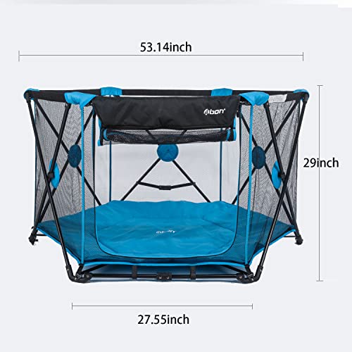 Abon Portable 6 Panel Play Pen Playard for Infants and Babies Indoor and Outdoor, Lightweight Mesh Toddler Hexagon Fence Play Area Washable,Foldable 53" Wx 30" H(Blue)…
