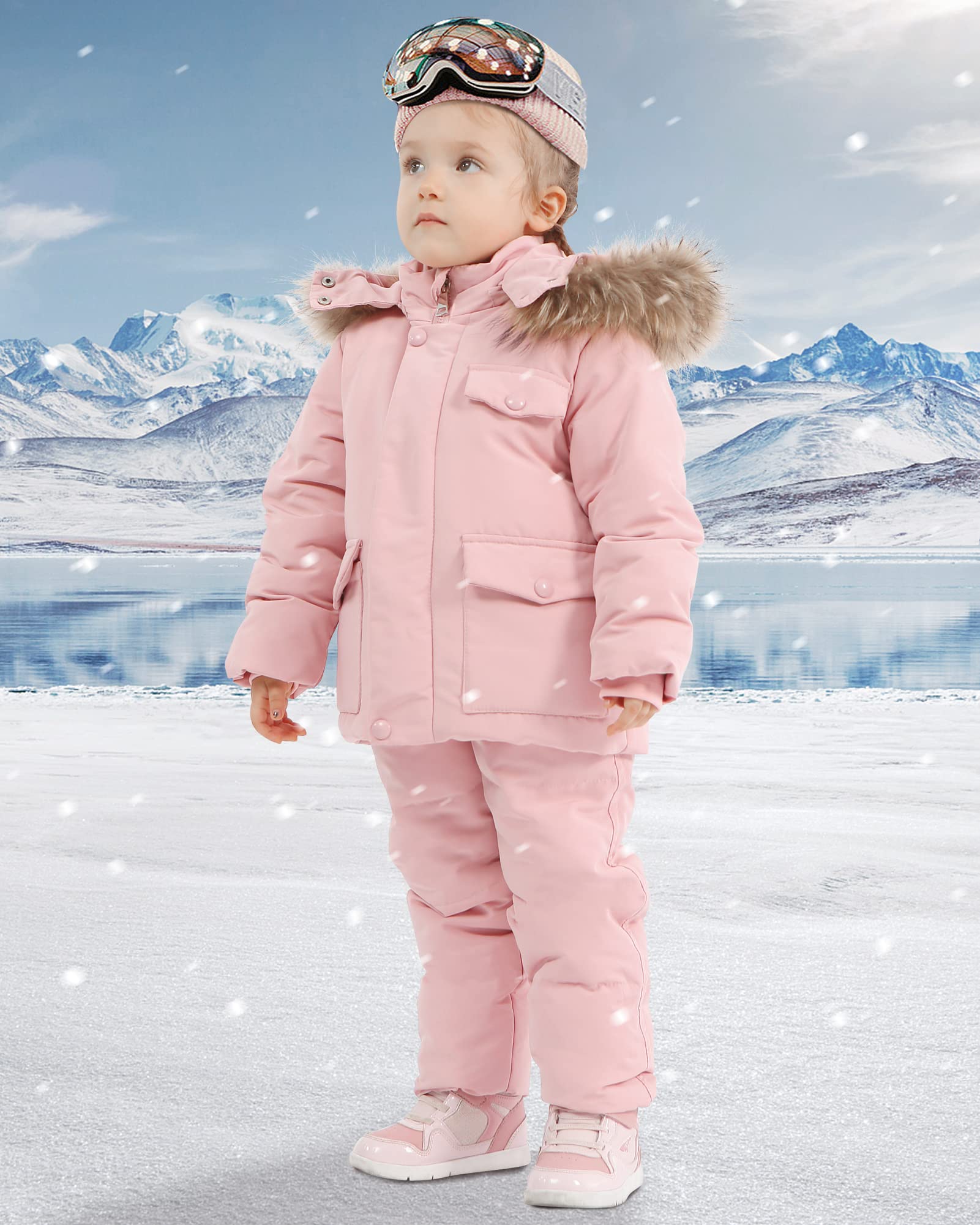Toddler Girl Snowsuit 2Pcs Kids Down Jacket Winter Hooded Coat +Snow Bib Pants Kids Windproof Skiing Suit (3T/4T,Pink)