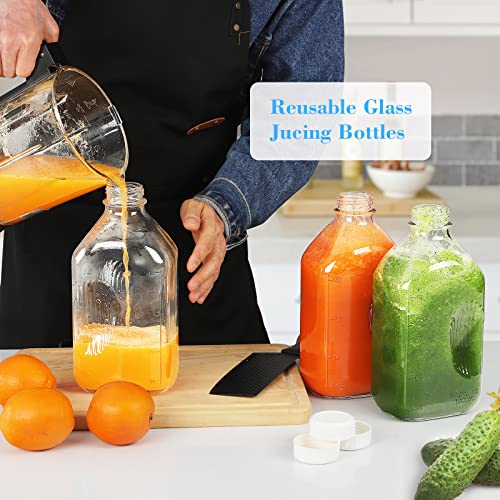 3 Pack 2 Qt Glass Milk Bottles with Airtight Reusable SCREW LID - 64 Oz Glass Juice Bottles, 1/2 Gal Glass Water Bottles, Glass Milk Jug Pitcher with 2 Exact Scale Line, Extra Free 3 Lid and 6 Handle!