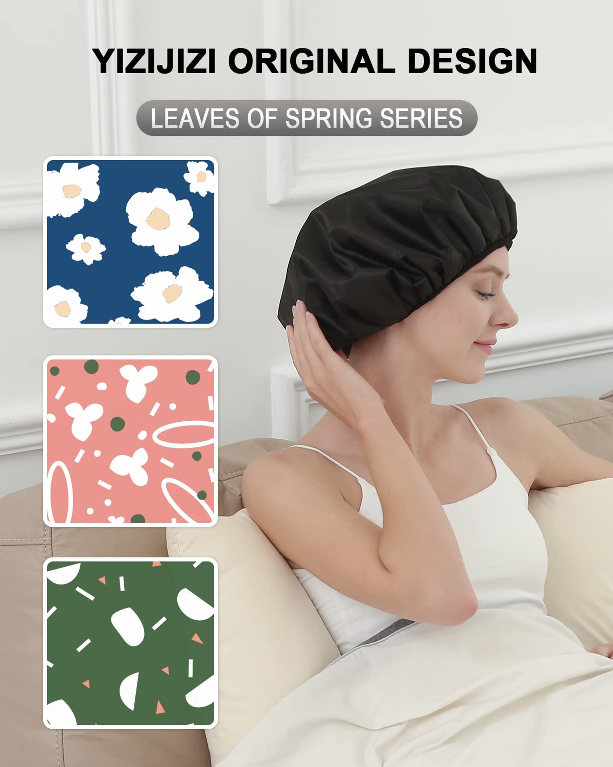 YIZIJIZI Terry Lined Shower Cap,Triple Layer Large Cap for Women,Shower Cap Reusable Waterproof,Long Thick Hair(Black)