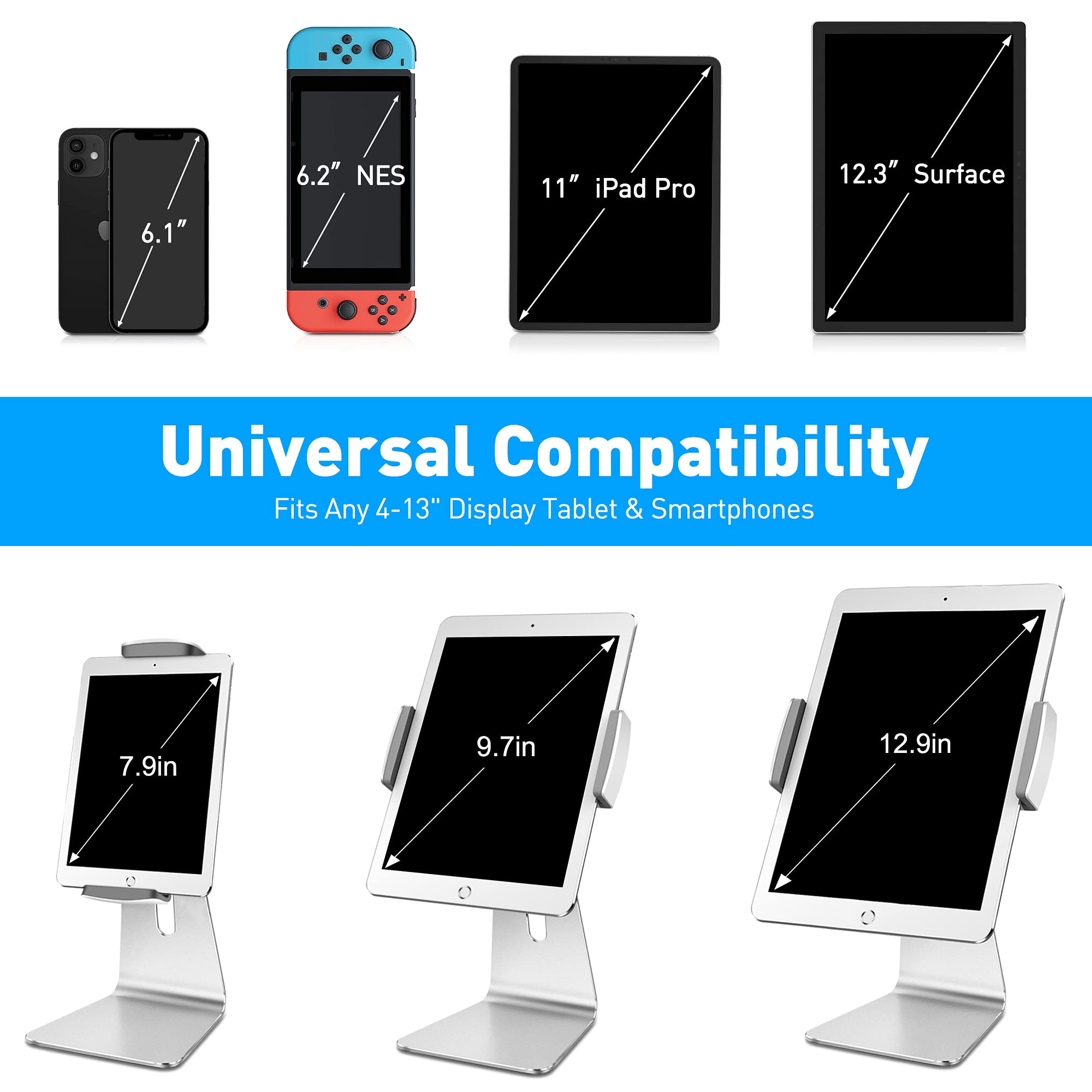 AboveTEK Elegant Tablet Stand, Aluminum iPad Stand Holder, Desktop Kiosk POS Stand for 7-13 inch iPad Pro Air Mini Galaxy Tab Nexus, Tablet Mount for Store Showcase Office Reception Kitchen Countertop