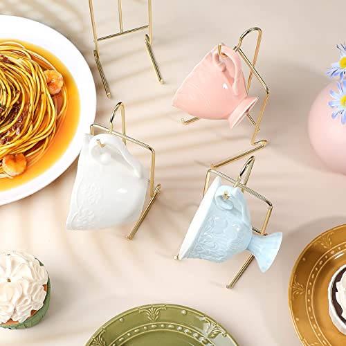 16 Pcs Small Tea Cup and Saucer Display Stand Holder Rack China Metal Cup Saucer Holder Gold Tea Cup Holder Cup and Saucer Display Shelf Coffee Mug Organizer for Tea Cup Plate Teapot