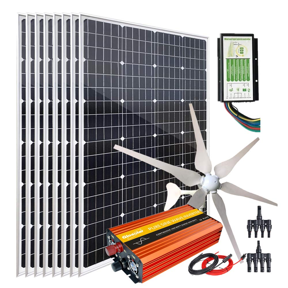 1360W 24V Solar Panel Wind Turbine Generator Kit with 1000W Peak 2000W Power Inverter & 400W Windmill & 8pcs 120W Mono Solar Panel & Hybrid Charge Controller