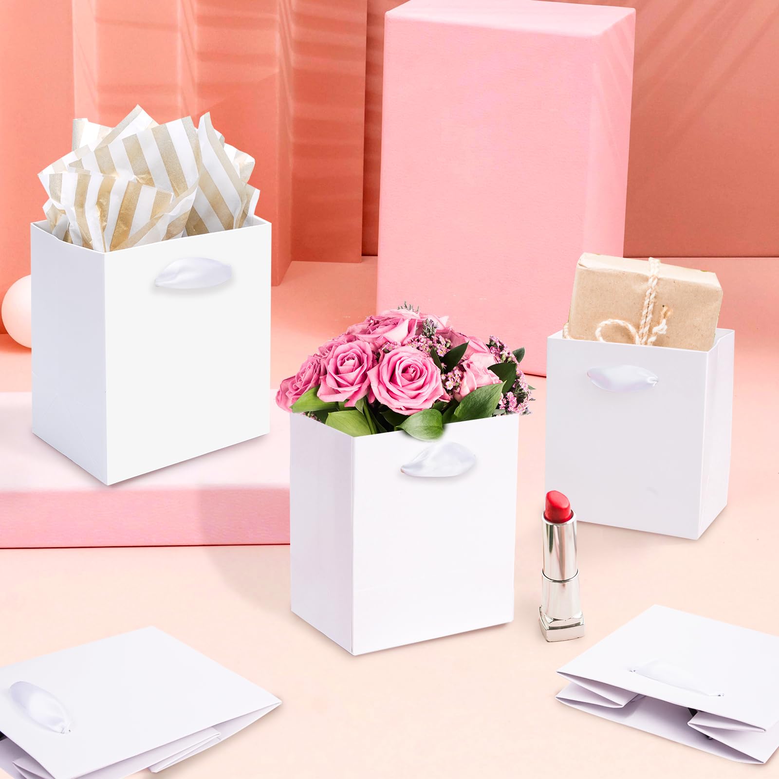 16 Pack Small Gift Bags with Handles & Tissue Paper, White Mini Gift Bags Bulk, Party Favors Bags for Birthday, Wedding, Bridal, Baby Shower, Goodie, Mother's Day, Graduation (4.5β x4β x2.75β)