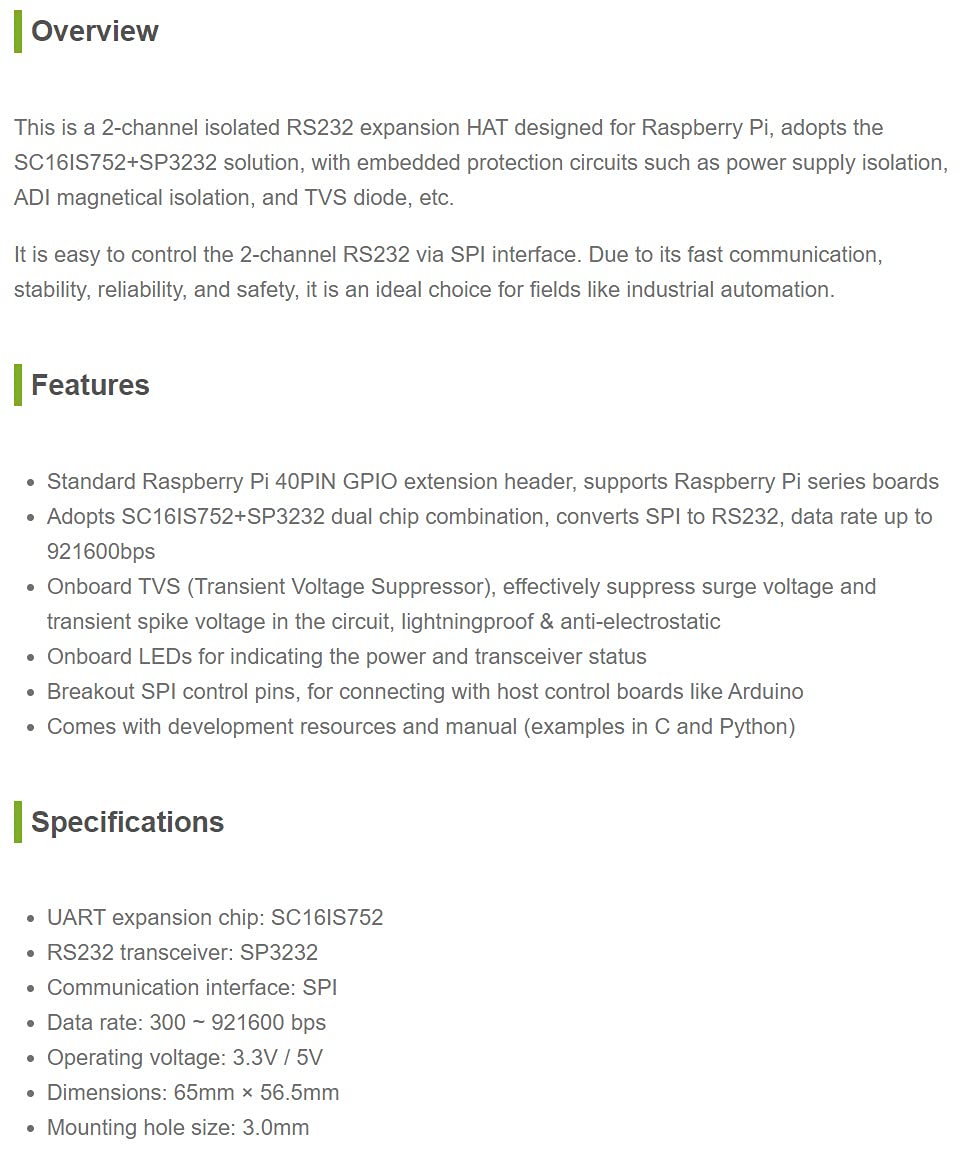 Waveshare 2-Channel Isolated RS232 Expansion HAT for Raspberry Pi SC16IS752+SP3232 with Protection Circuits Power Supply Isolation ADI Magnetical Isolation and TVS Diode