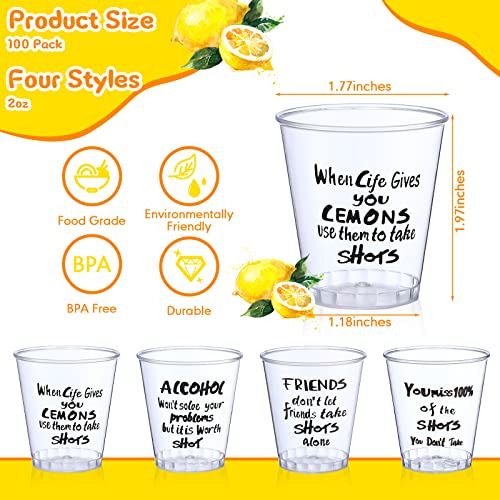 100 Pcs Plastic Shot Glasses 2 oz Disposable Cups Bulk Clear Plastic Sample Cups Transparent Small Tasting Cups Wine Whiskey Container Fun Design for Party Birthday Supplies Wedding, 4 Styles