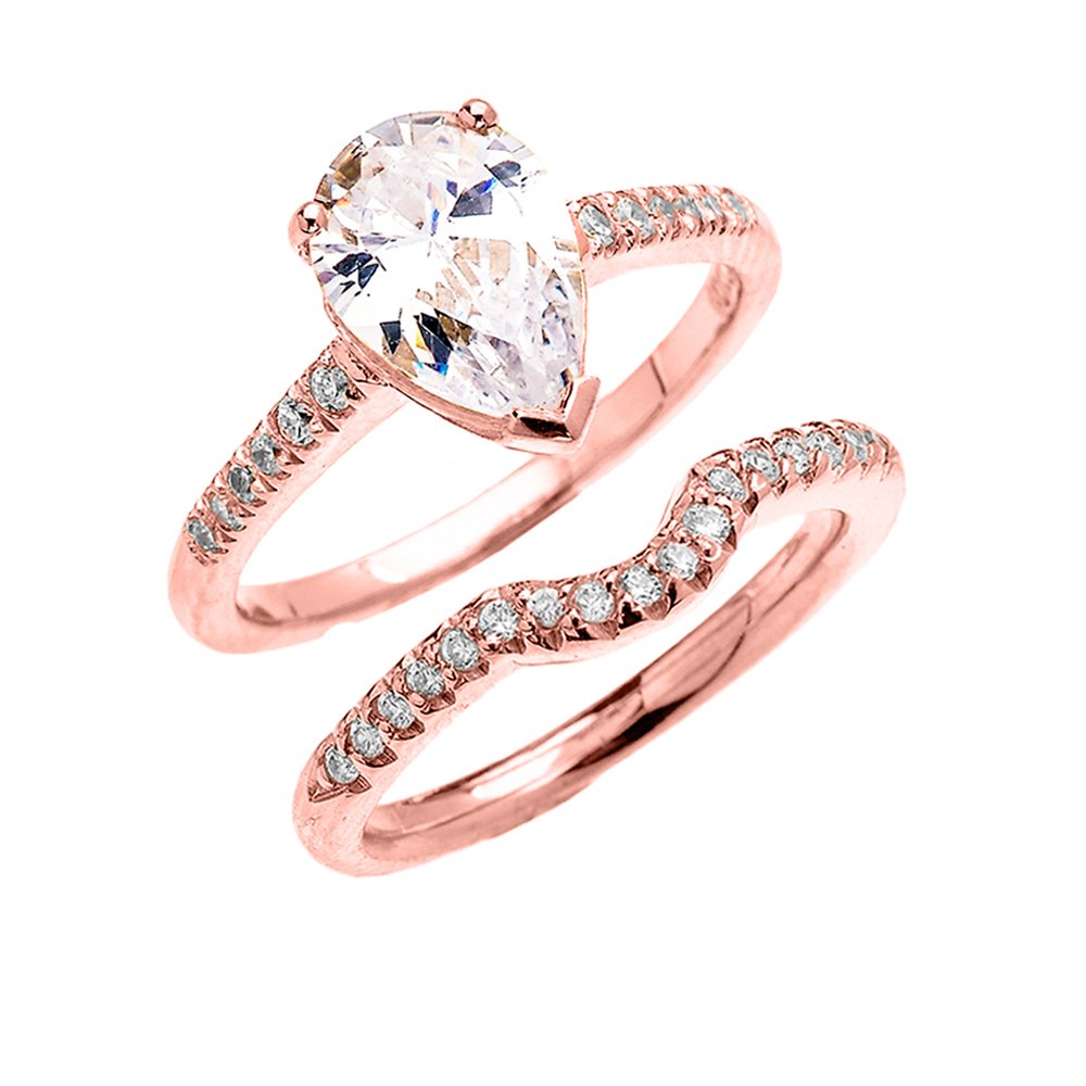 10K Rose Gold Pear Shaped Cubic Zirconia Engagement Ring and Matching Contour Wedding Band Bridal Set - Size 7