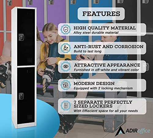 AdirOffice Large School Locker with 2 Doors 2 Hooks Storage Locker for Garage Storage - Office Storage Lockers (2 Door, Black)