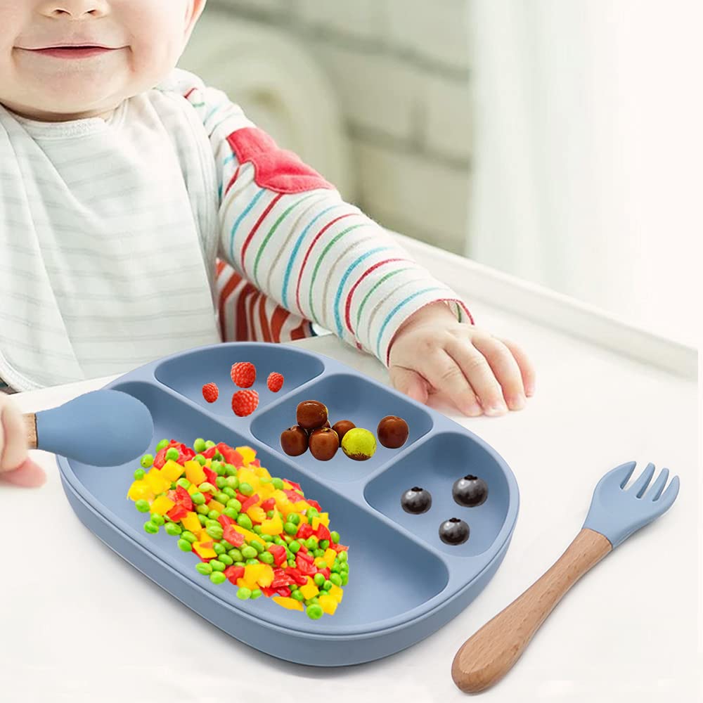 Toddler Plates with Lid Weaning Spoon Fork Set, Santi & Me Silicone Baby Plates with Suction Solid Feeding Dishes and Utensils Set - BPA Free, Microwave & Dishwasher Safe(Dusty blue)