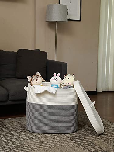 22”x14”x18” Rectangular Extra Large Storage Basket with Lid, Cotton Rope Storage Baskets, Laundry Hamper, Toy Bin, for Toys Blankets Storage in Living Room, Baby Nursery, Grey Basket with Lid