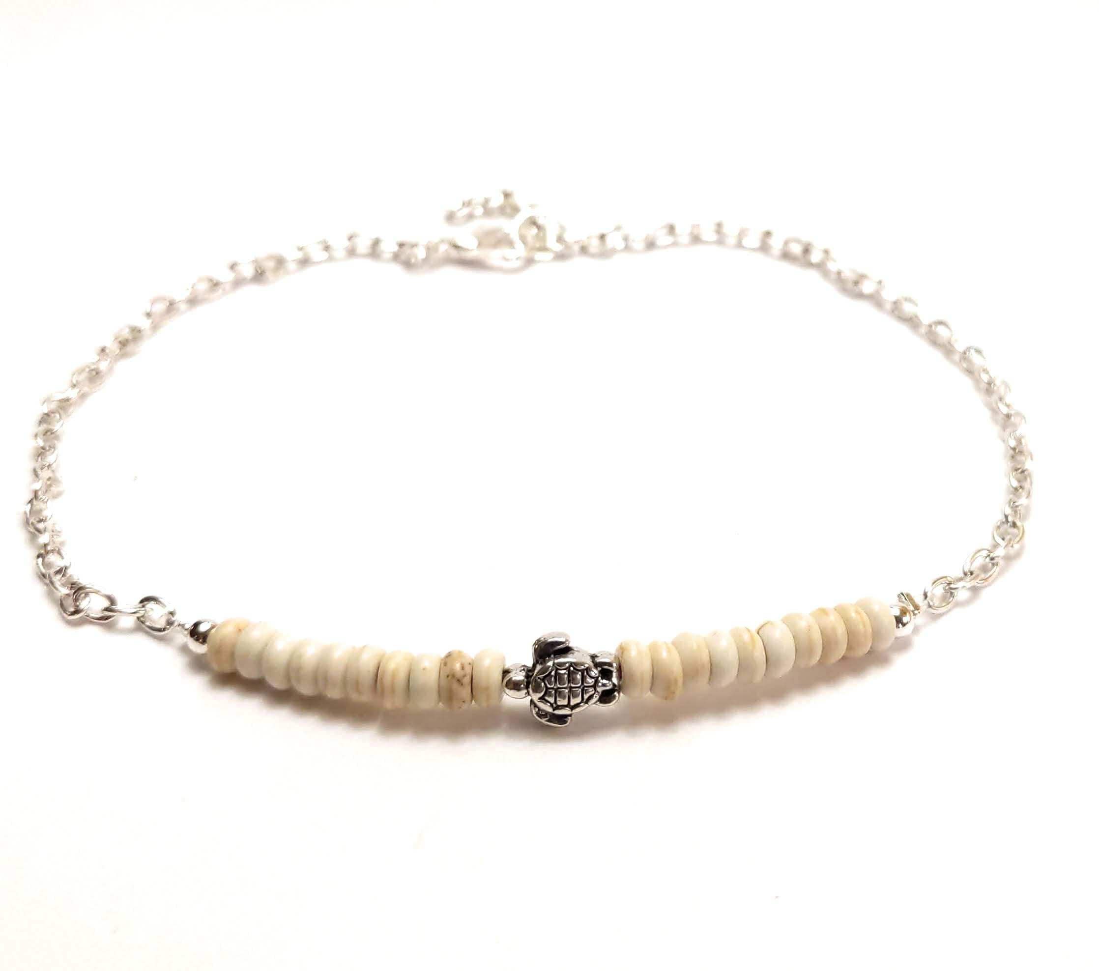 10 Inch Turtle Charm Ankle Bracelet With White Turquoise Beads Gift Boxed Anklet