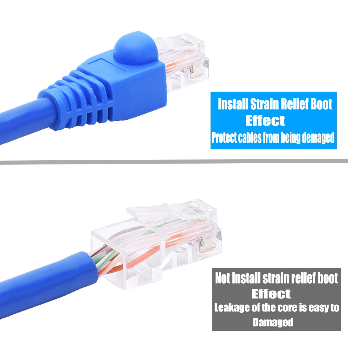 PETECHTOOL RJ45 Cat6 Pass Through Connectors Gold Plated 8P8C Ends and Blue Strain Relief Boots for CAT6 RJ45 Ethernet Network Cable Connector Plug Cover 100/100 (200 Packs Total)