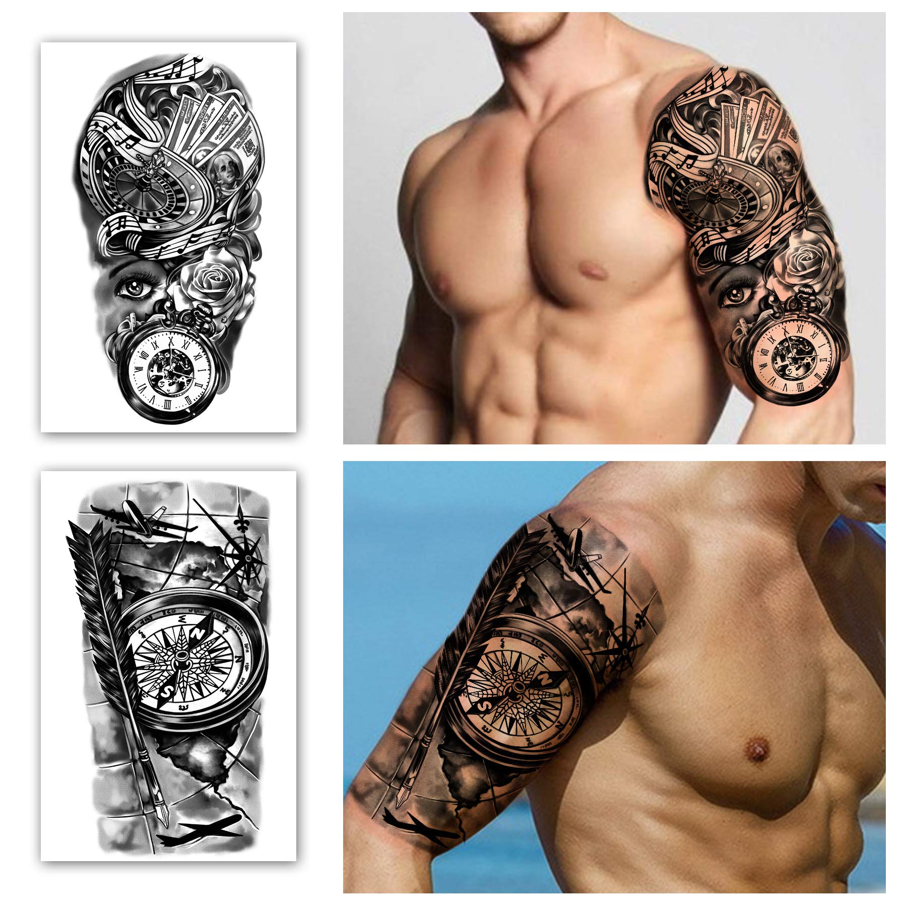 Waterproof Full Arm Temporary Tattoos 8 Sheets and Half Arm Shoulder Tattoo 8 Sheets, Extra Large LastingTattoo Stickers for Men and Women (22.83"X7.1")