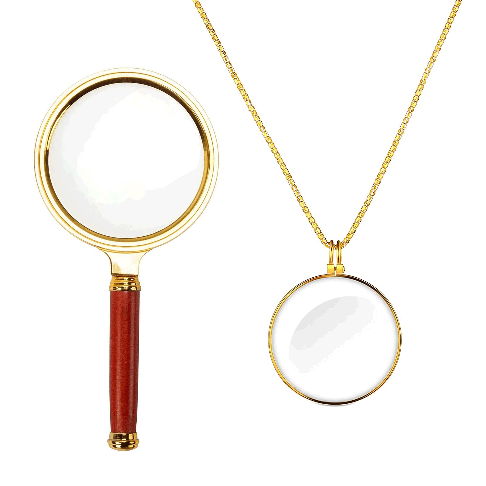 10X Handheld Magnifier Mahogany Handle Magnifier and 5X Necklace Magnifier Reading Magnifying Glass for Reading,Insect Observation, Rocks, Map, Crossword Puzzle,Jewelry