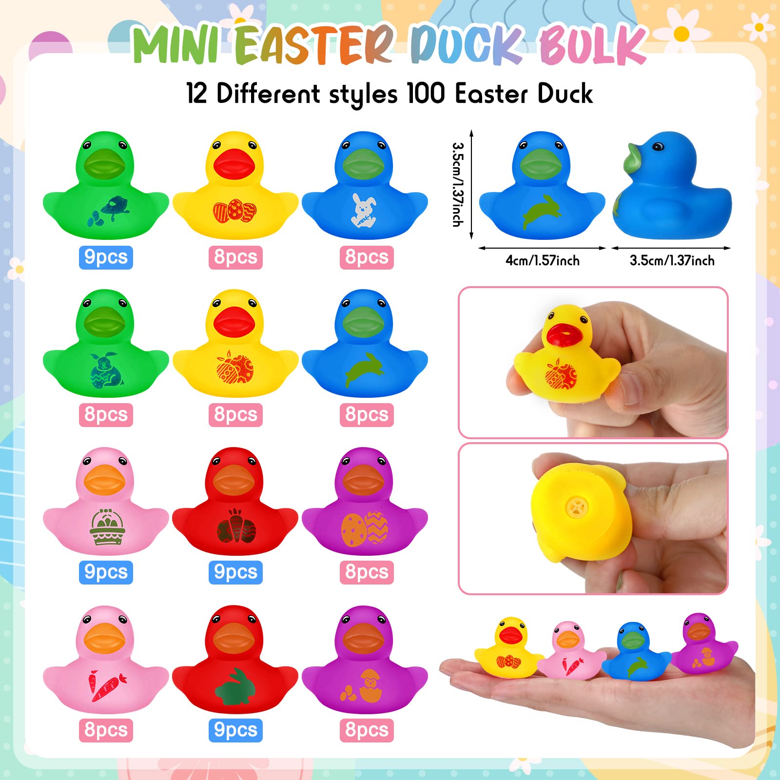 100 Pcs Mini Easter Rubber Ducks 1.57 Inch Small Rubber Ducks in Bulk Easter Bunny Egg Rubber Ducks for Easter Birthday Party Favors Bathtub Classroom Exchange Prizes
