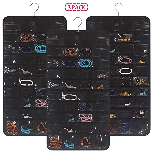 3 Pack Hanging Jewelry Organizer with 80 Pockets Jewelry Storage for Earrings Necklace Bracelet Ring Accessory, Black