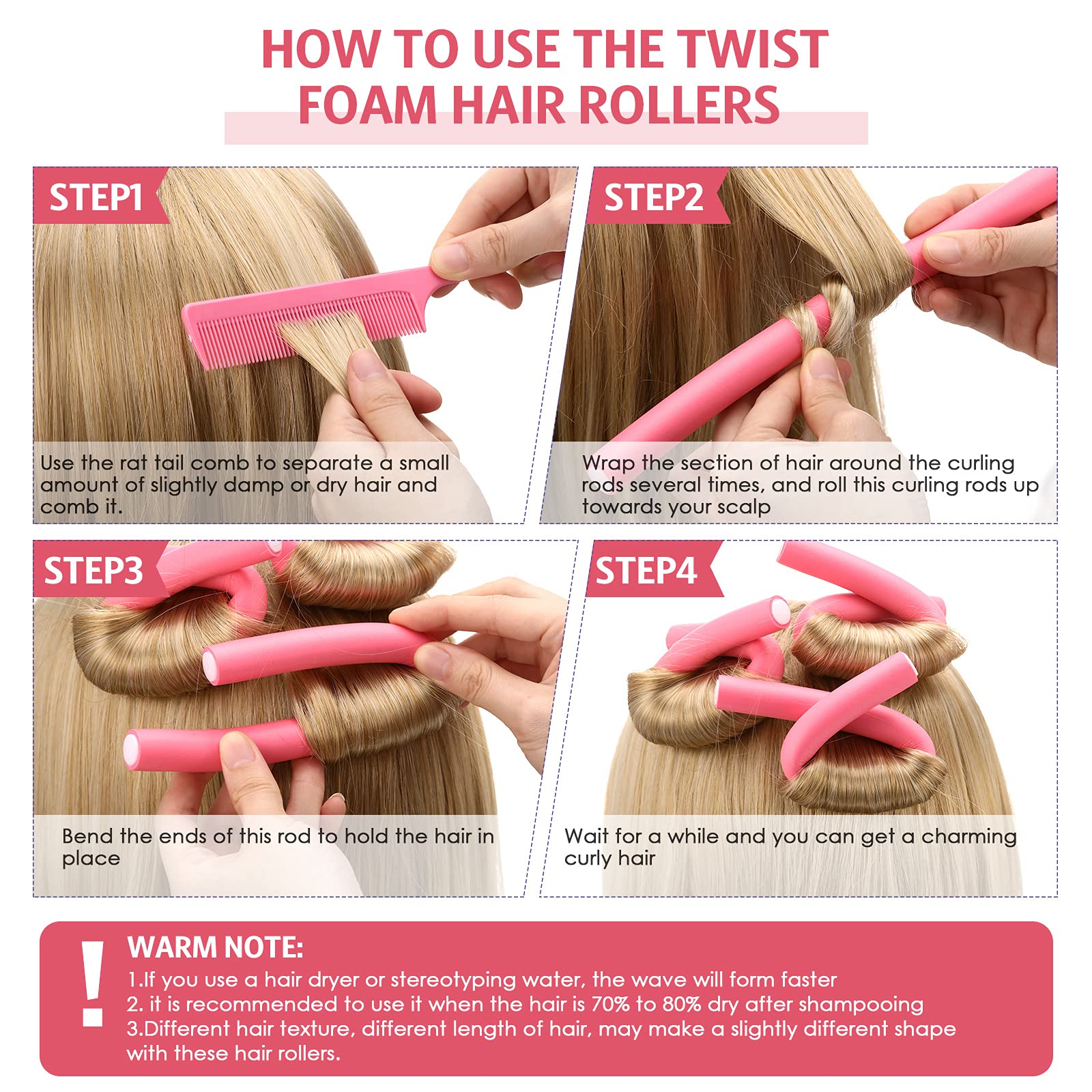 Tigeen Flexible Soft Twist Foam Hair Rollers - 96 Pieces, 9.45 Inch, No Heat, with 2 Rat Tail Combs for Women (Multi Size, Multi Color)