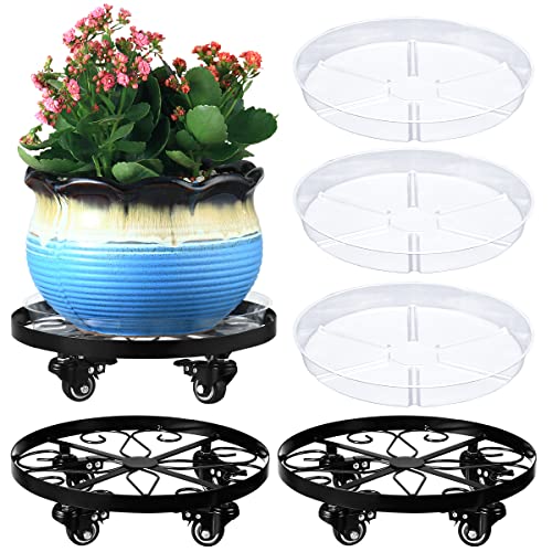 3 Pack Plant Caddy with Wheels Heavy Duty 11.8 Inch Metal Plant Stand with Wheels Plant Dolly Rolling Plant Stand Plant Roller with Casters for Indoor and Outdoor with 3 Pack Plant Saucers, Black