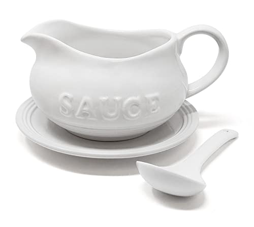 24 Oz Gravy Boat, Tray and Ladle | Ceramic White Gravy Dish With The Word "Sauce" On It