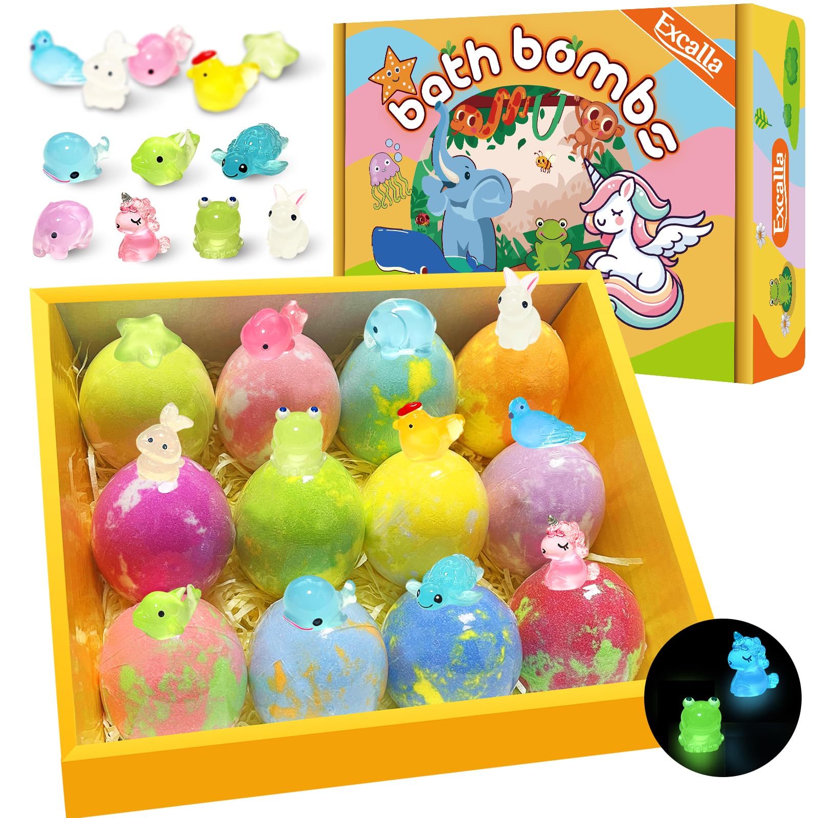 Bath Bombs for Kids with Toys Inside, 12Pcs Kids Bath Bombs with Glow-in-The-Dark Surprise Inside, Handmade Bubble Bath Fizz Balls, Gentle and Kids Safe, Birthday Easter Stuffers for Girls Boys