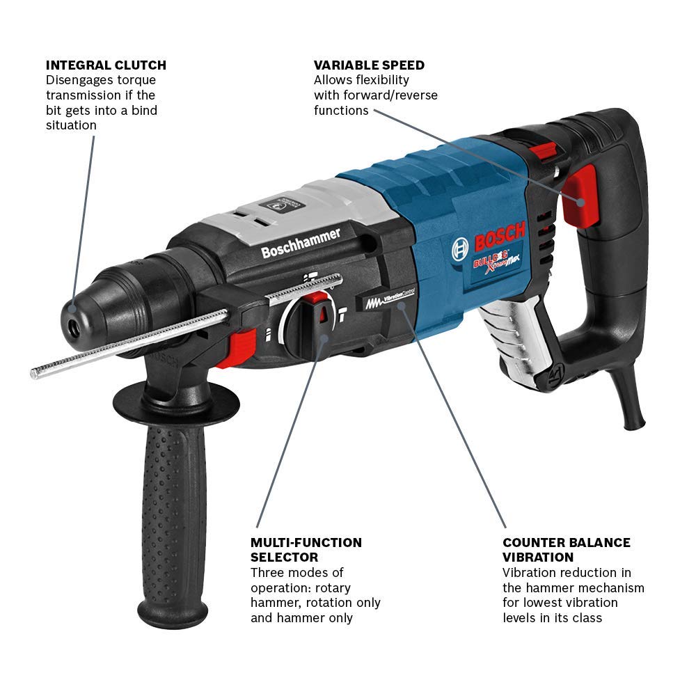 BOSCH GBH2-28L 1-1/8" SDS-plus Bulldog Xtreme Max Rotary Hammer and 6 Piece SDS-plus Masonry Trade Bit Set, Chisels and Carbide, HCST006