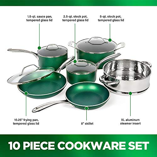Granitestone Diamond Granite Stone Classic Emerald Pots and Pans Set with Ultra Nonstick Durable Mineral & Diamond Tripple Coated Surface, Stainless Steel Stay Cool Handles, 10 Piece Cookware, Greenā¦