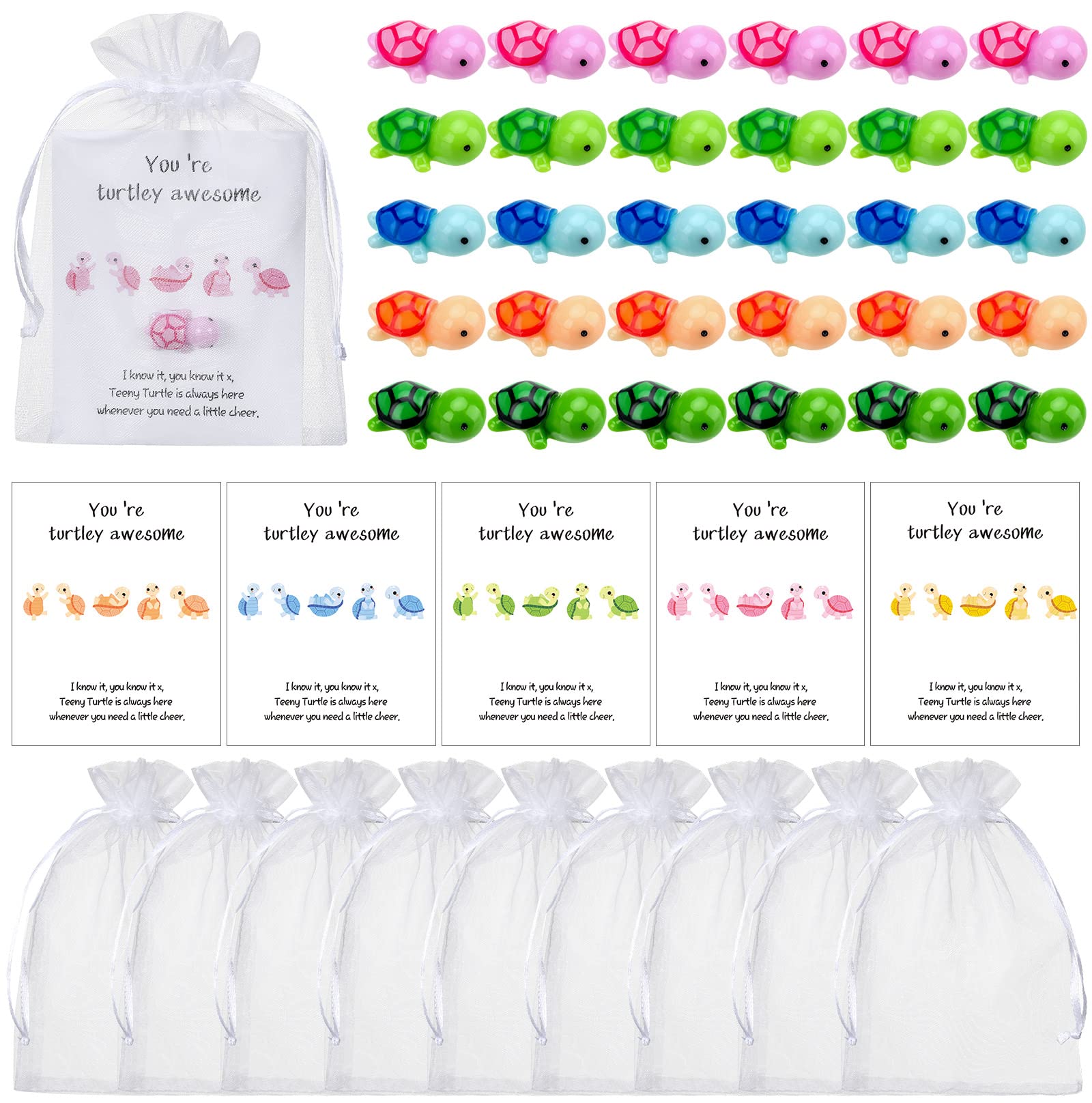 100 Sets Inspirational Gift Include 100 You're Turtley Awesome Animal Pun Thank You Note Cards Greeting Card 100 Mini Sea Turtle Figure 100 Organza Bags for Coworkers Appreciation Pocket Favors