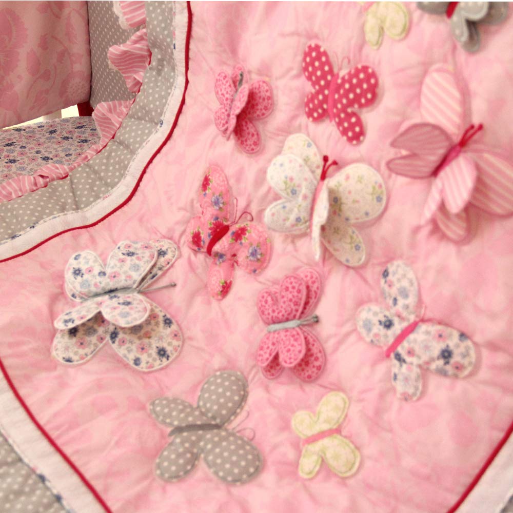 Brandream Pink Butterfly Floral Crib Bedding Set for Girls | 4 Piece Nursery Set | Comforter, Fitted Sheet, Skirt, Diaper Stacker Included