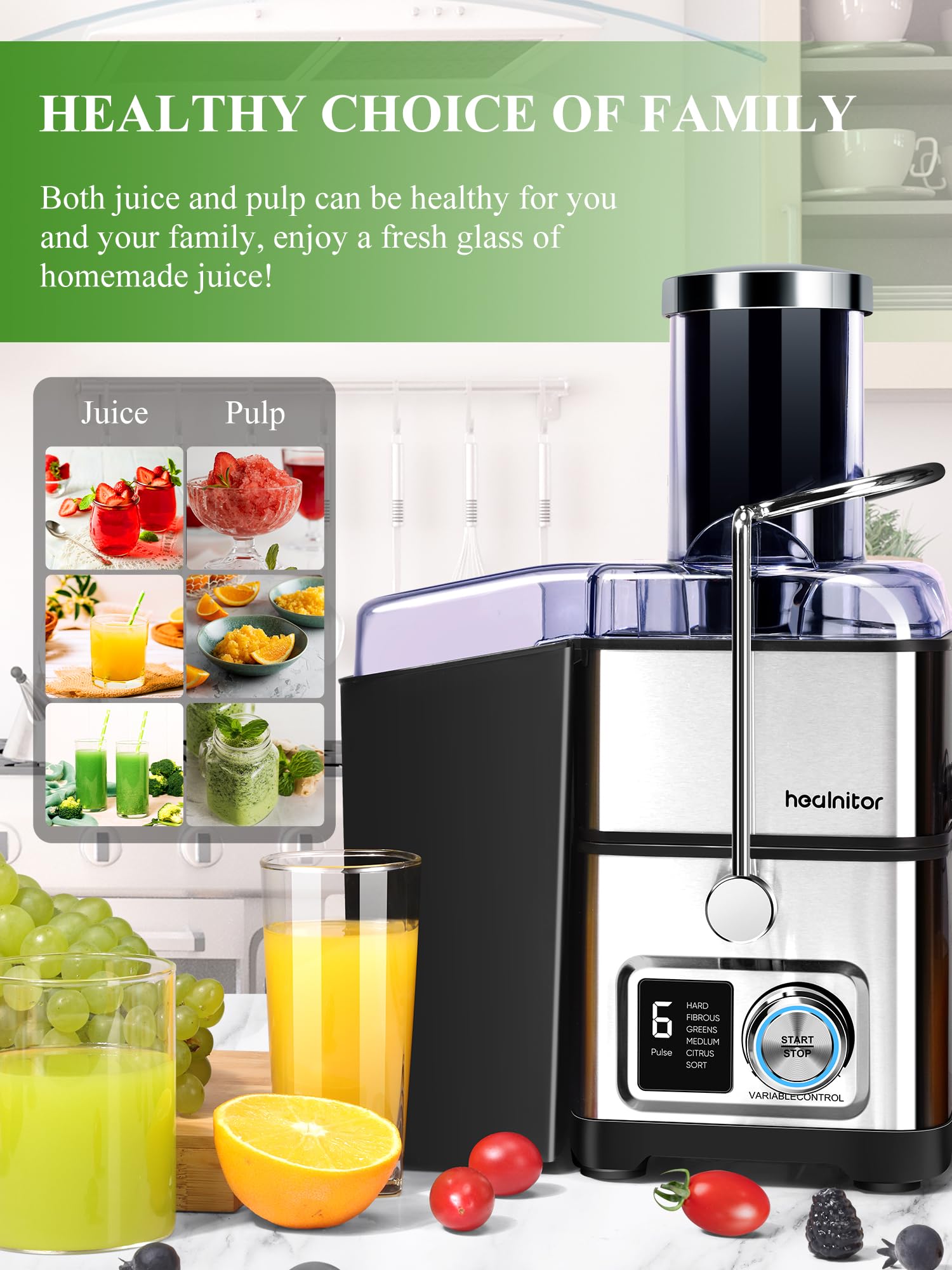 1100W 6-SPEED Digital Screen Centrifugal Juicer Machines Vegetable and Fruit, Healnitor Juice Extractor with 3.5" Big Wide Chute, Easy Clean, Anti-Drip Function, BPA-Free, Silver