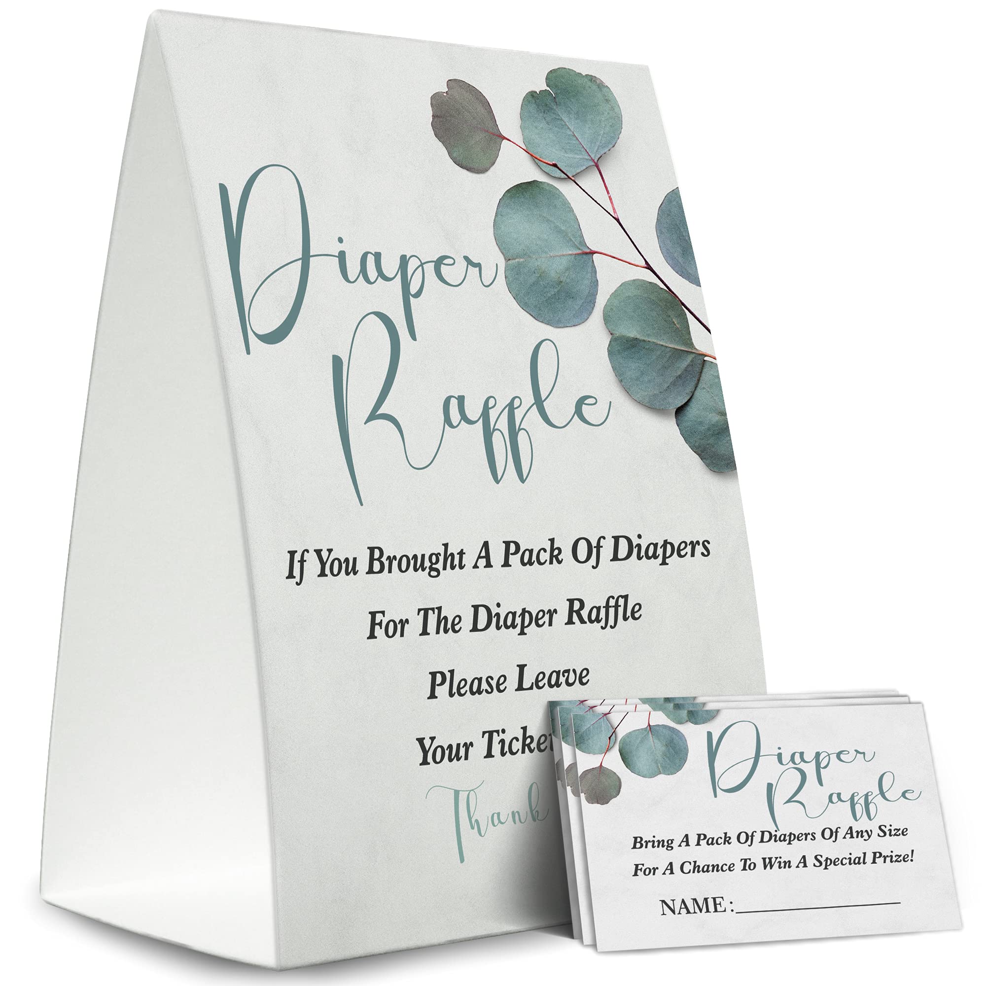 Diaper Raffle Sign,Diaper Raffle Baby Shower Game Kit (1 Standing Sign + 50 Guessing Cards),Greenery Insert Ticket,Baby Showers Decorations,Card for Baby Shower Game to Bring a Pack of Diapers-XN18