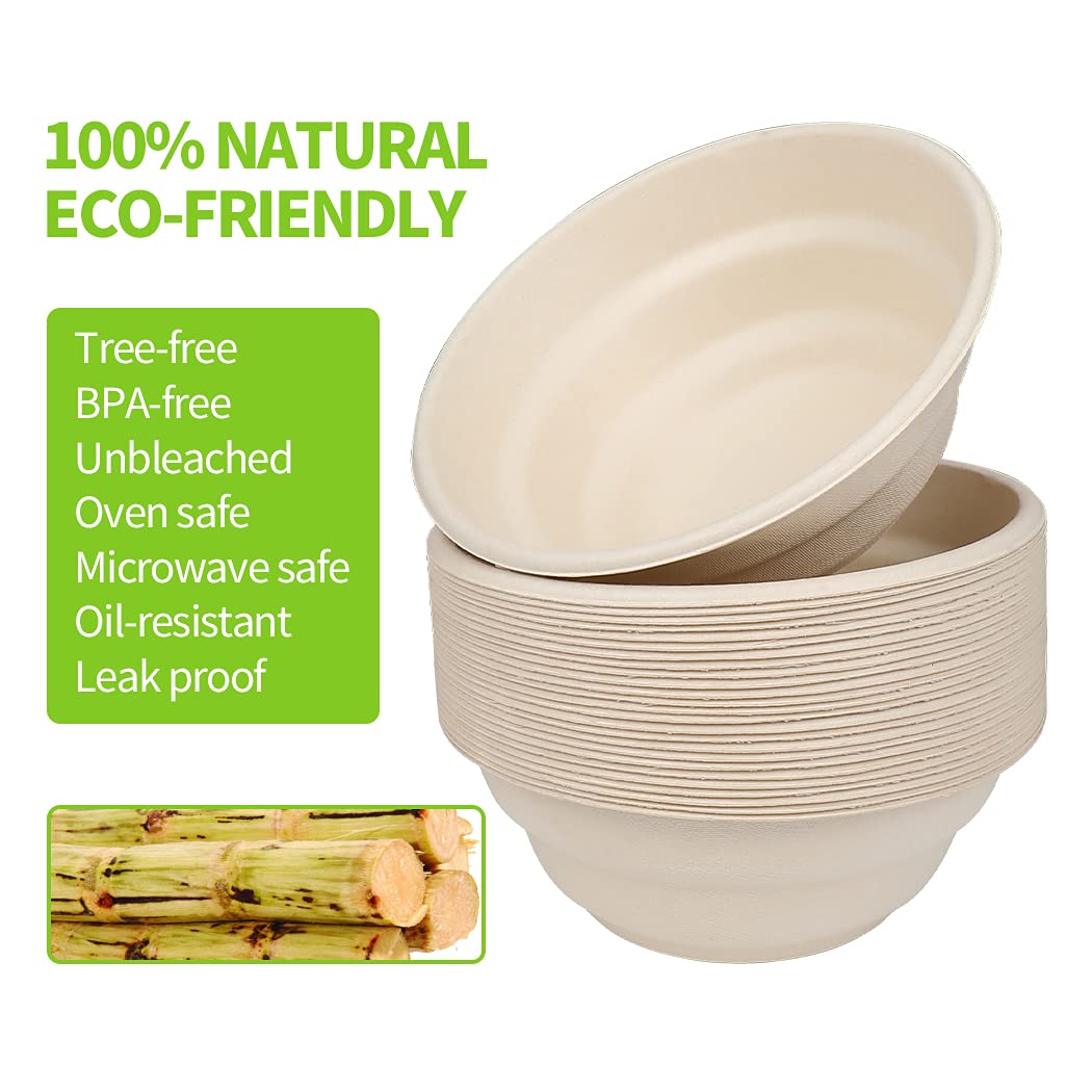 100-Pack Disposable Bowls, Compostable Bowl for Salad, Soup,Leakproof and Microwave Safe Bowls for Hot or Cold Use