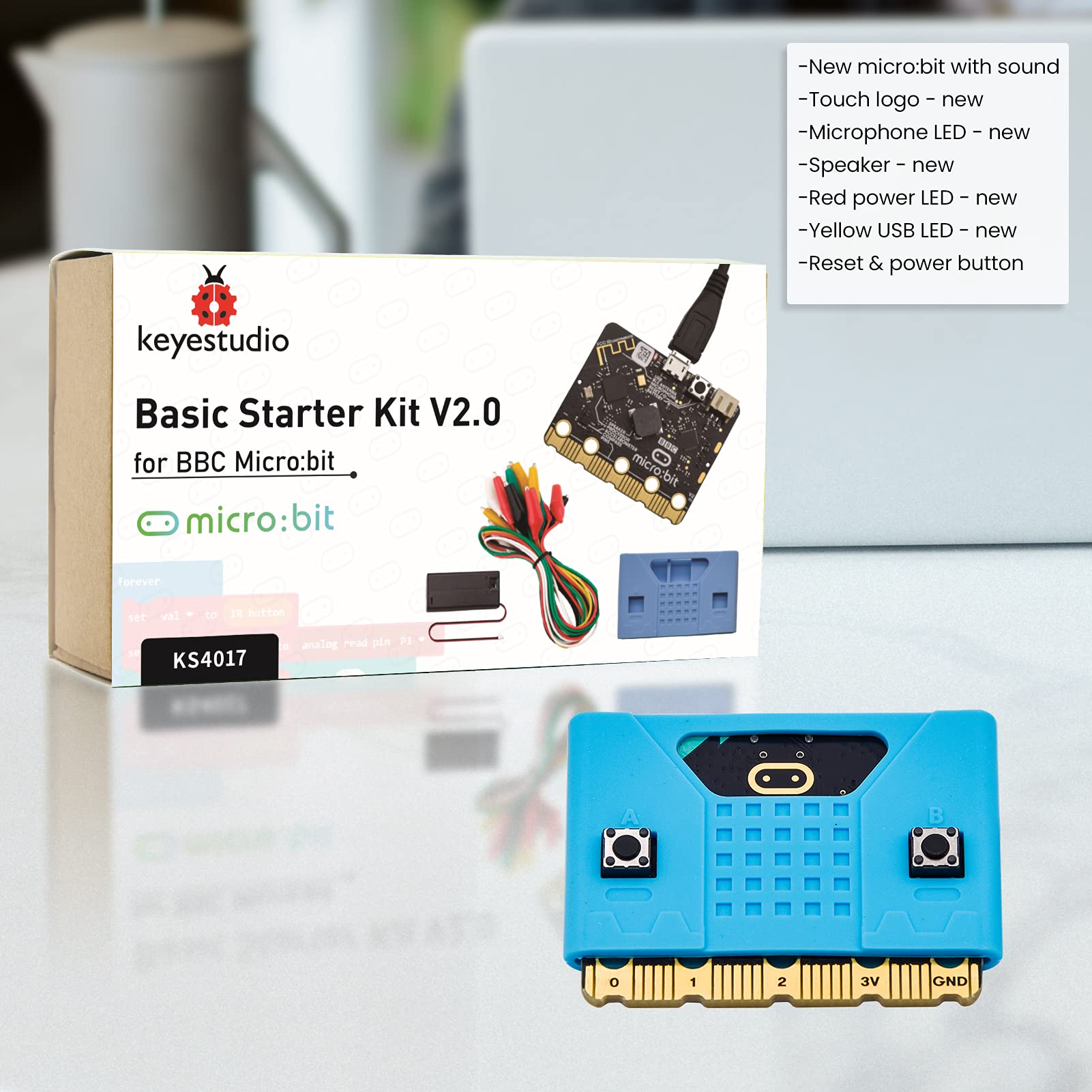 KEYESTUDIO Basic Starter Kit for BBC Micro bit V2, Graphical Programming Built-in Compass, Buttons, LED Matrix Display + Battery Holder & USB Cable for Microbit