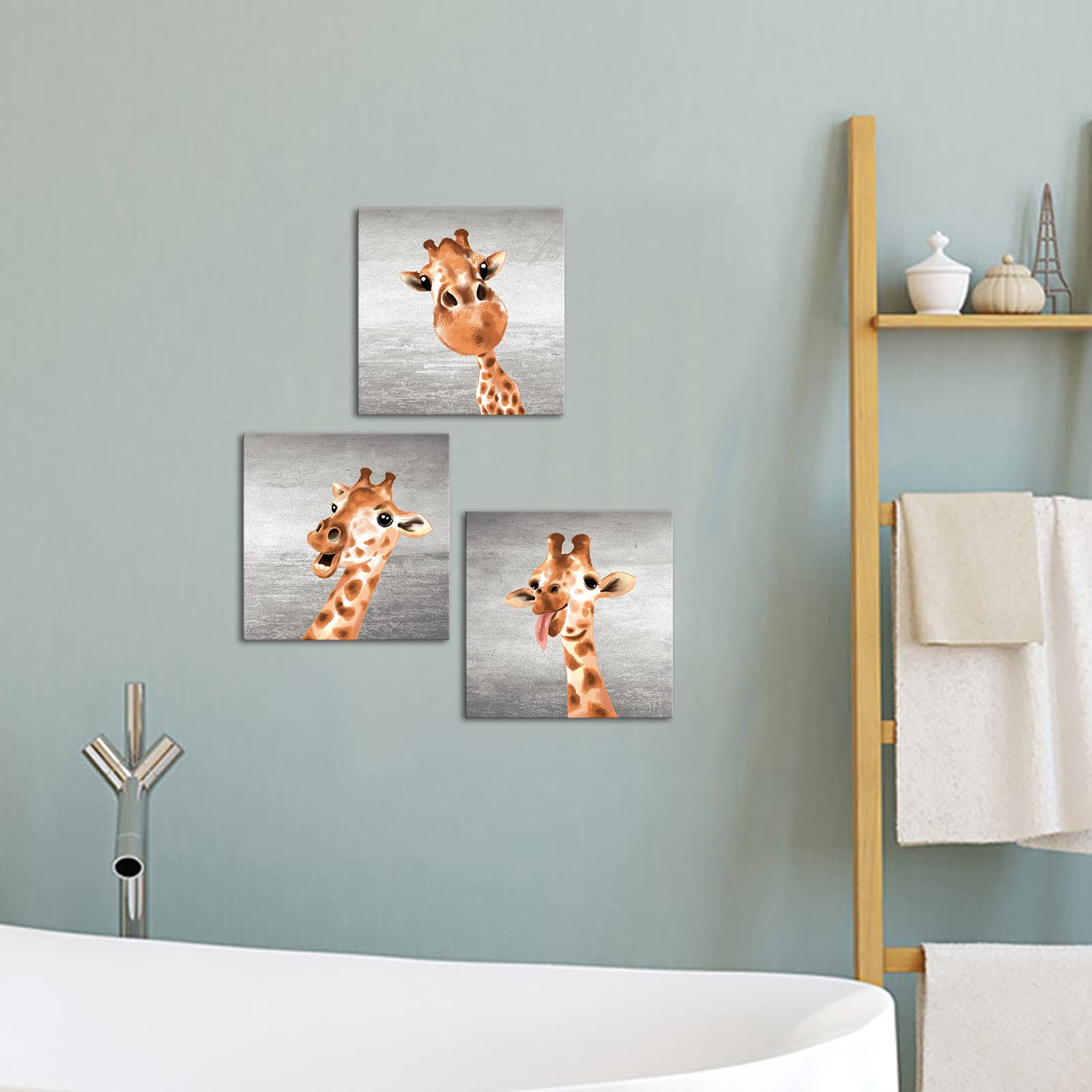 SiMiWOW Giraffe Art Decor Pictures Funny Wild Animals Framed Canvas Wall Art Kids Children Bedroom Bathroom Nursery Wall Decor