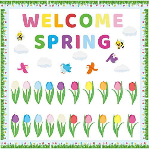 115Pcs Back to School Tulip Flowers Bulletin Board Cutouts Classroom Decoration, Welcome Back to School Flowers Bees Birds Name tags Cut Outs Teacher Student Diy Crafts Classroom Blackboard Wall Decor