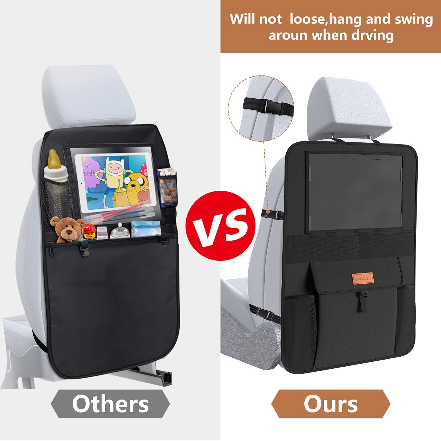 SMART ELF Backseat Car Organizer with iPad Holder + 6 Storage Pockets, Back Seat Protectors Kick Mats for Child Baby Kids, Premium Fabric with Sag Proof, Waterproof