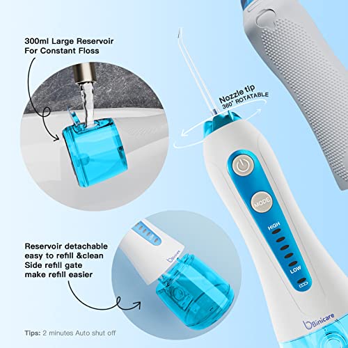 Binicare Water Flosser, Portable Oral Irrigator with 300ML Detachable Reservoir 5 Modes and 6 Jet Tips, Rechargeable & IPX7 Waterproof Water Flossers for Teeth Travel Home Office