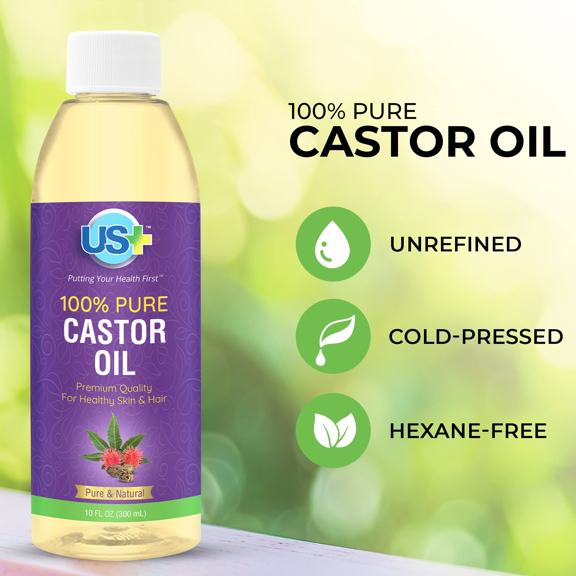 US+ 10oz 100% Pure Castor Oil - Cold-pressed, Unrefined, Hexane-free - USP Grade - Premium Quality for Healthy Skin & Hair