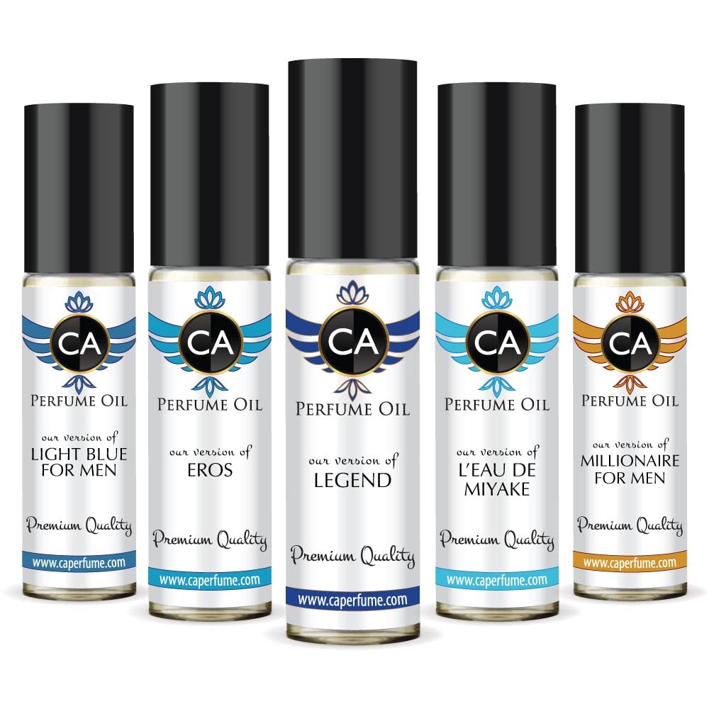 CA Perfume Modern Type Men Set Impression of (L'eau De Miyake + Eros + Legend + Light Blue + Millionaire for men) Fragrance Body Oils Essential Sample Travel Size Roll-On (0.3 Fl Oz/10 ml) x5