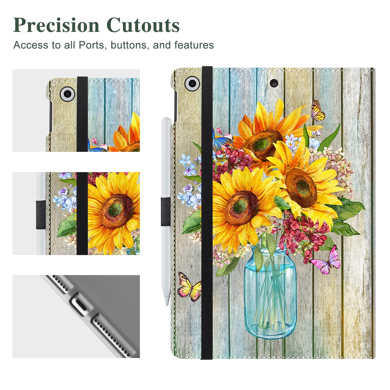 Vimorco Case for ipad 10.2 inch 7th/8th/9th Generation 2019/2020/2021 with Pocket, Multi-Angle Stand, Auto Wake/Sleep,Hand Strap with Pencil Holder for Apple ipad 10.2 (Sunflower)
