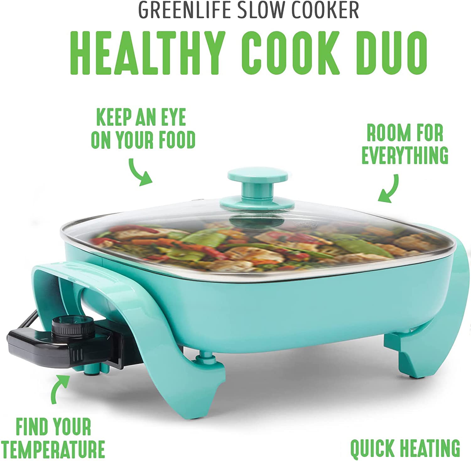 12" Ceramic Nonstick Electric Skillet - Square with Glass Lid, Dishwasher Safe, Turquoise