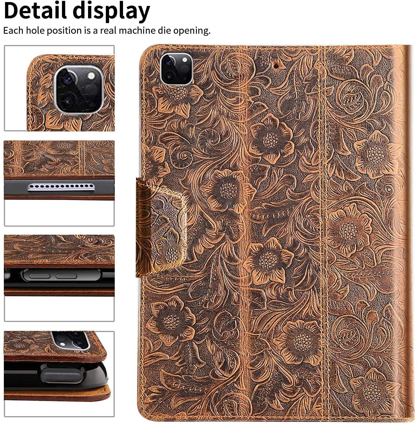 Gexmil Case for iPad Pro 11 Inch,4th/3rd/2nd/1st Generation(2022/2021/2020/2018) Genuine Leather Cover with Pencil Holder,Cowhide Folio Cover,Auto Sleep/Wake Magnetic Closure,Flower Brown