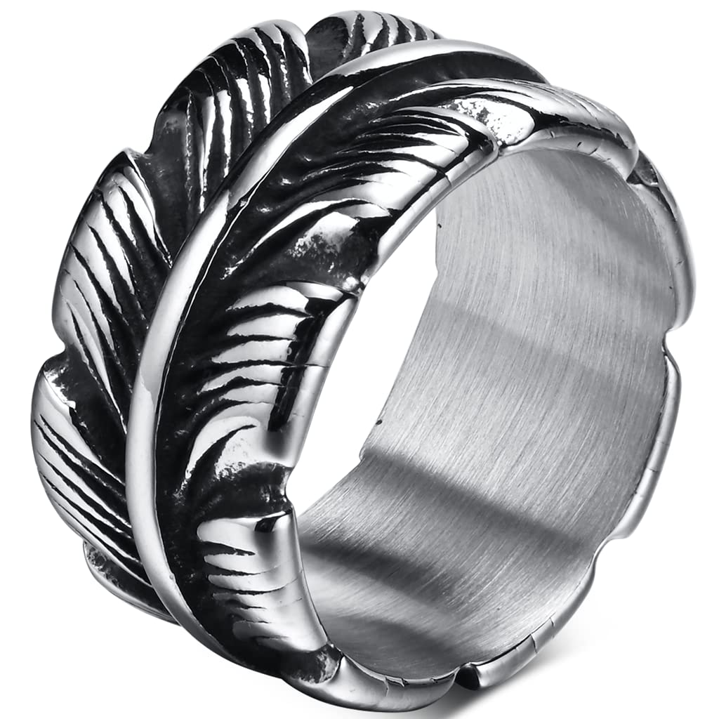 11mm Stainless Steel Retro Vintage Leaf Feather Style Wedding Band Statement Cocktail Parrty Statement Ring (Silver, 8)