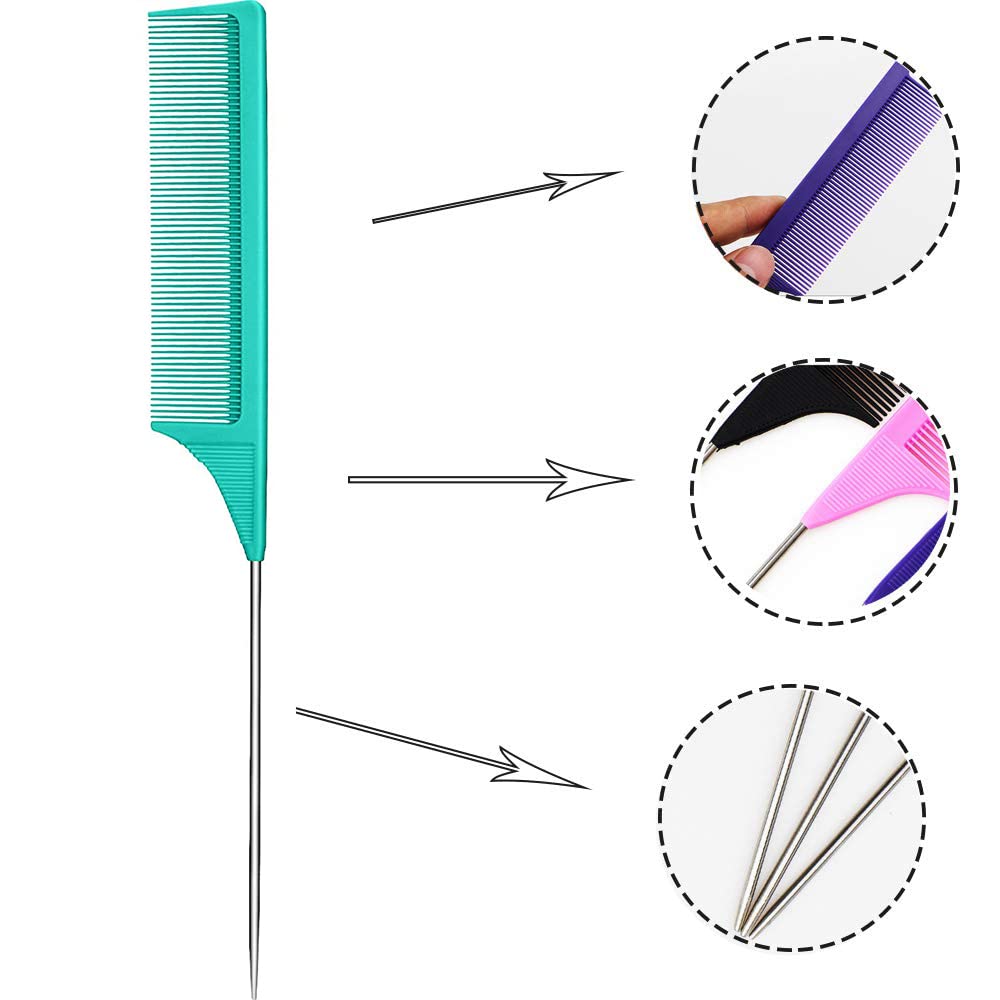 Generic 3 Pack - Rat Tail Comb,Steel Pin Carbon Fiber Heat Resistant Parting Combs with Stainless Steel Pintail (Turquoise)