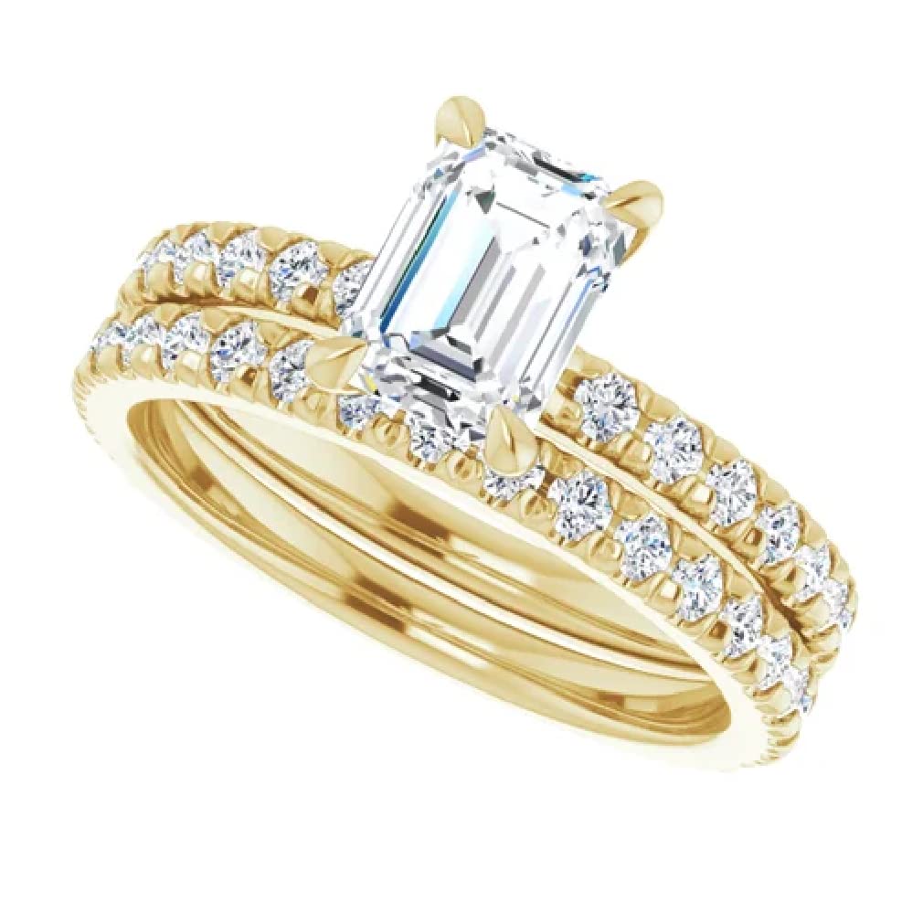 10K Solid Yellow Gold Handmade Engagement Rings 1 CT Emerald Cut Moissanite Diamond Solitaire Bridal Wedding Ring Set for Her Women Minimalist Anniversary Propose Gifts