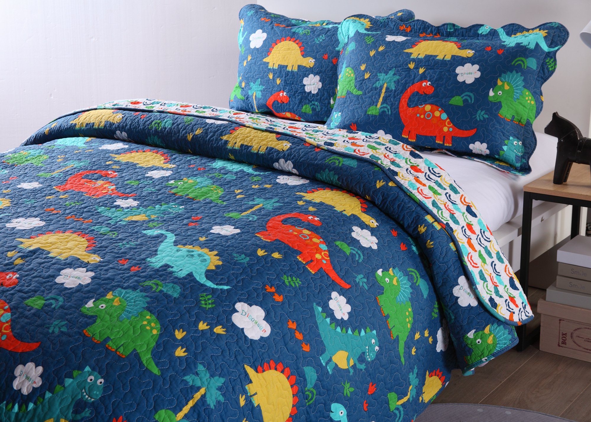 100% Cotton 2 Piece Kids Quilt Bedspread Comforter Set Throw Blanket for Teens Boys Girls Kids Beds Bedding Coverlet Dinosaur (Full)