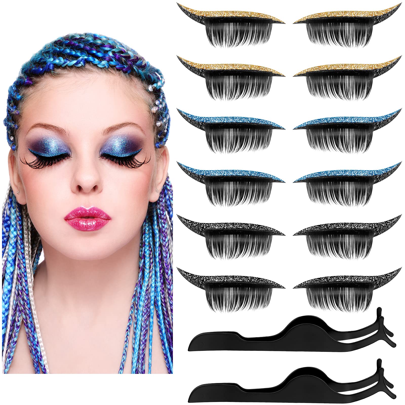 Swiffen 6 Pairs Reusable Eyeliner Eyelash Sticker with Colorful Eyeliner Eyelash Stickers Eyelid Eyelash Makeup Stickers Adhesive Eye Line Strip Stickers with 2 Black Eyelash Tweezers for Women