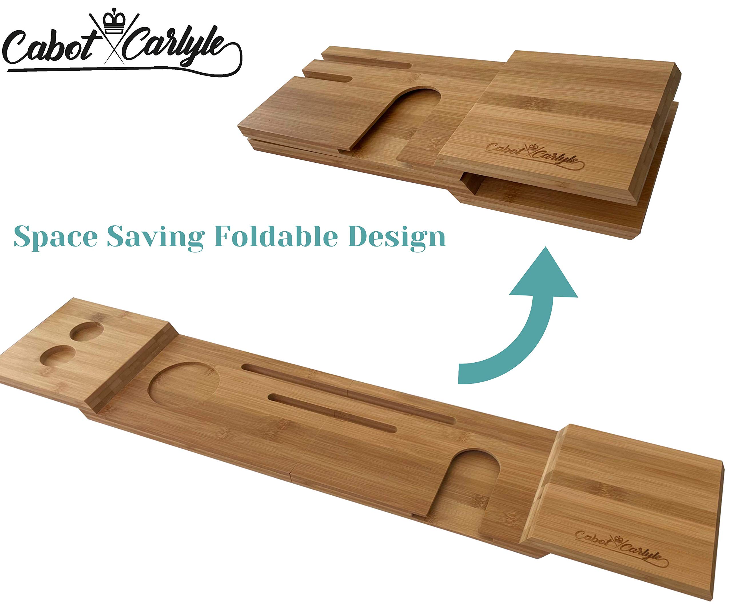 Cabot & Carlyle Luxury Bath Caddy Tray for Tub | Bath Table | Premium Bamboo Bathtub Tray for Tub | Fits All Bath Accessories Wine Glass, Books, Tablets, Cellphones, Shampoo | Bath Shelf Foldable.