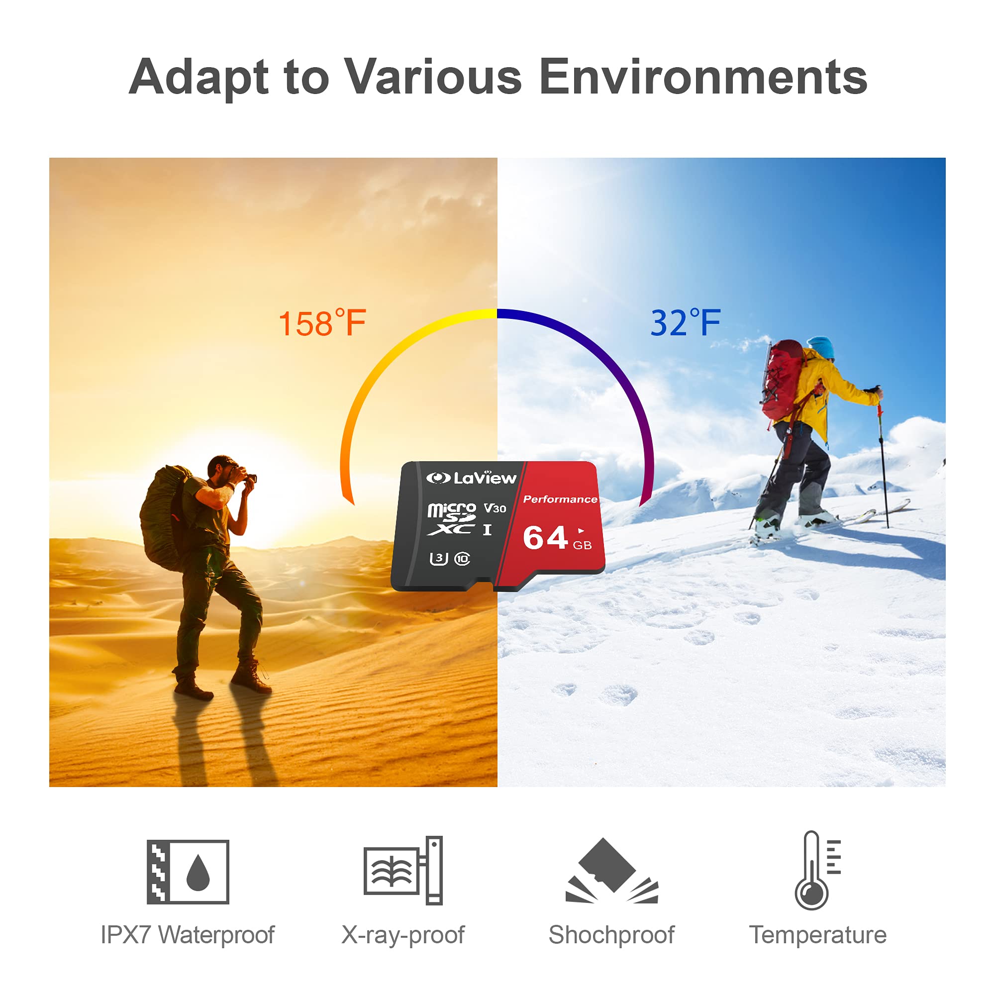 LaView 64GB Micro SD Card, Micro SDXC UHS-I Memory Card – 95MB/s,633X,U3,C10, Full HD Video V30, A1, FAT32, High Speed Flash TF Card P500 for Computer with Adapter/Phone/Tablet/PC