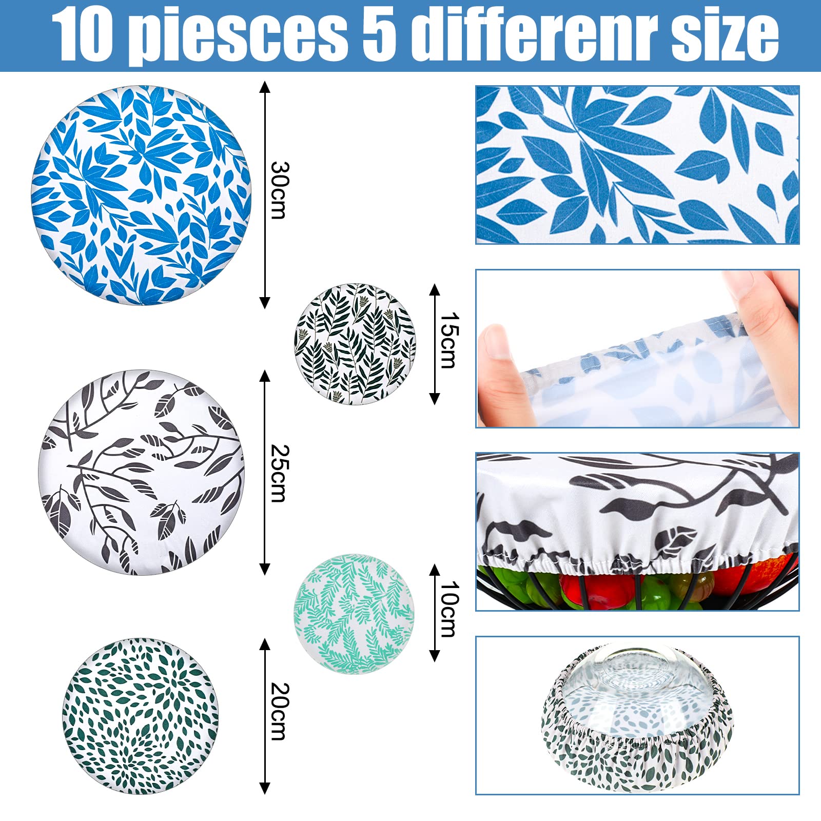 10 Pieces Reusable Bowl Covers Woven Elastic Food Storage Covers Fabric Reusable Food Covers Elastic Bowl Covers Reusable Cloth Bowl Covers for Kitchen Bowls Storage Container, 4 to 12 Inch (Leaves)