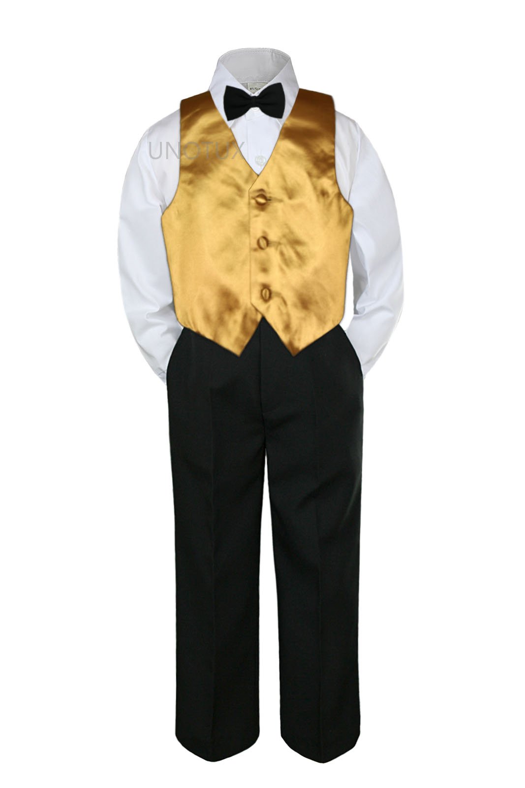 4pc Baby Toddler Kid Boys Gold Vest Black Pants Bow Tie Suits Set (7)